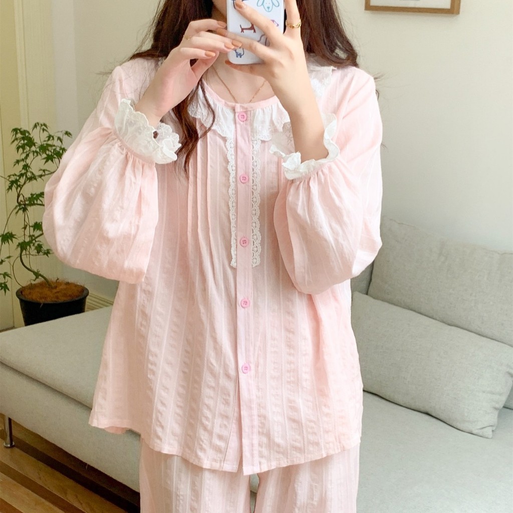 BN505_Bộ ngủ nữ, pijama dài tay màu hồng nhạt chất muslin Kiểu Hàn ...