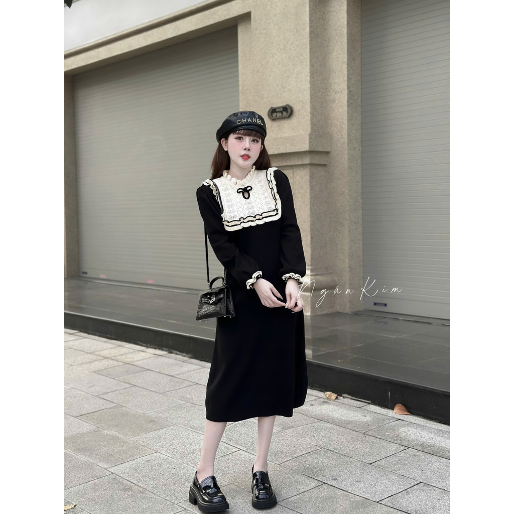 Tira mama Design [V1648] Váy khuy tàu phối cổ bèo trắng phong cách tiểu thư sang chảnh | Shopee ...