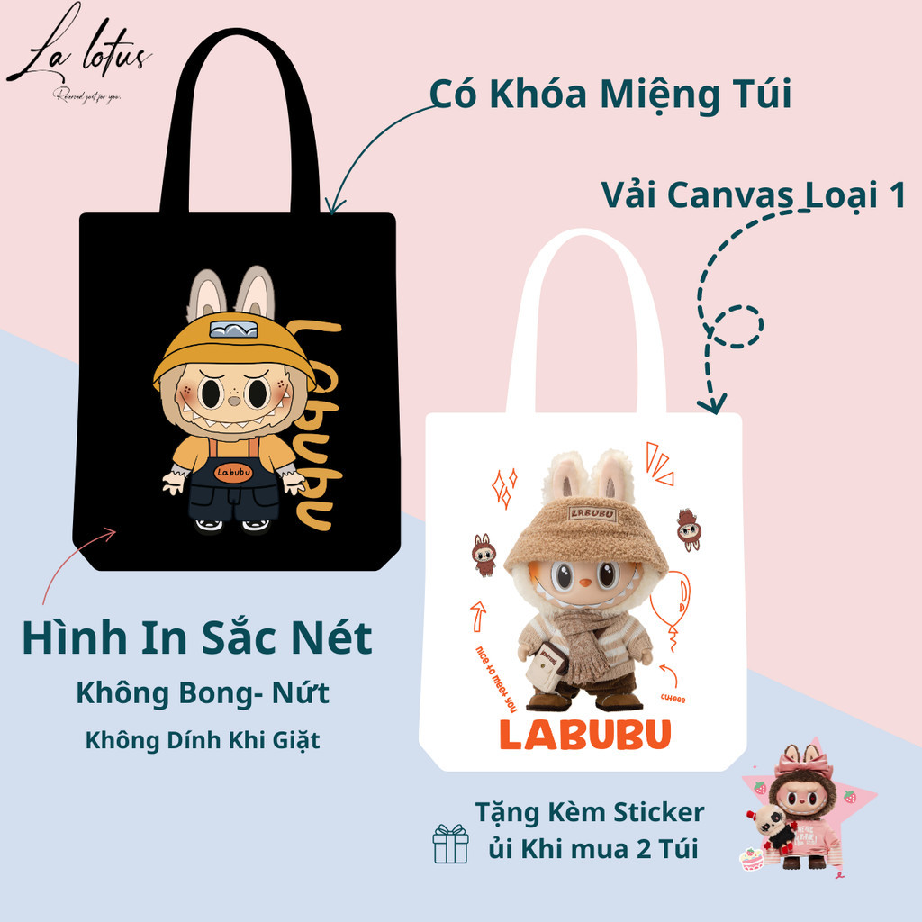 Túi tote Labubu vải canvas bộ sưu tập có khóa kéo đáy mở rộng,Túi Vải ...