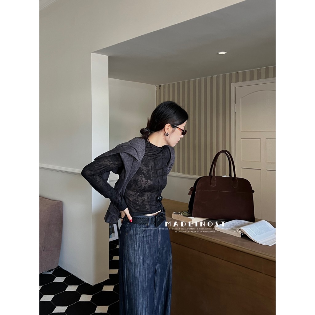 2024 mùa thu mới Retro ba chiều dập nổi ren dài tay áo thun nửa cao cổ ...