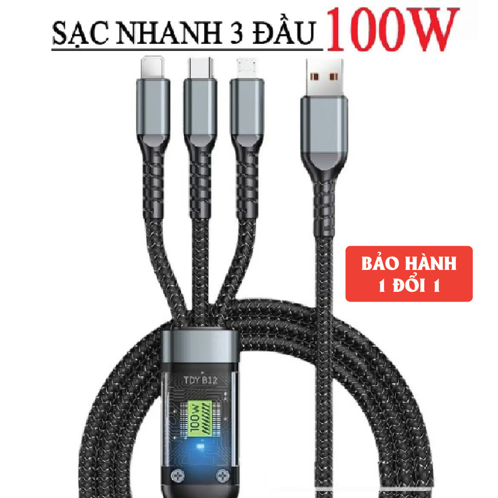 Cáp Sạc Nhanh 3 Đầu 100w CÓ MÀn HÌnh Dây Sạc 3 Trong 1 Chống Đứt