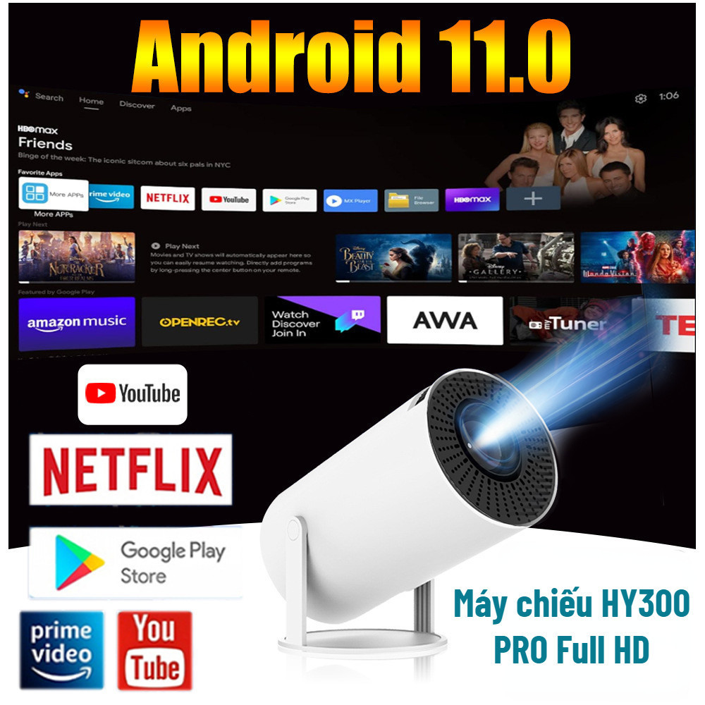 Máy chiếu mini HY300 Full HD 4K Bluetooth Android11 Kết nối điện thoại/Laptop/ip 4K WIFI kép ...