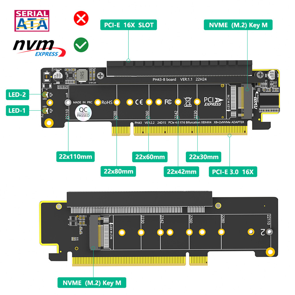 Xt-xinte PCI Express X16 sang Dual M.2 NVME-Tương thích M Key + PCIe 4. ...