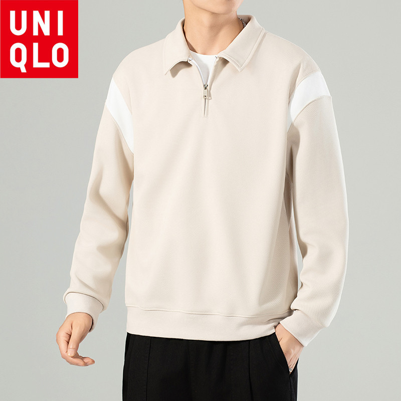 S-4XL Uniqlo Xuân Thu dáng rộng thường ngày, Áo nỉ có dây kéo cổ lật, Áo thun dài tay màu ghép ...