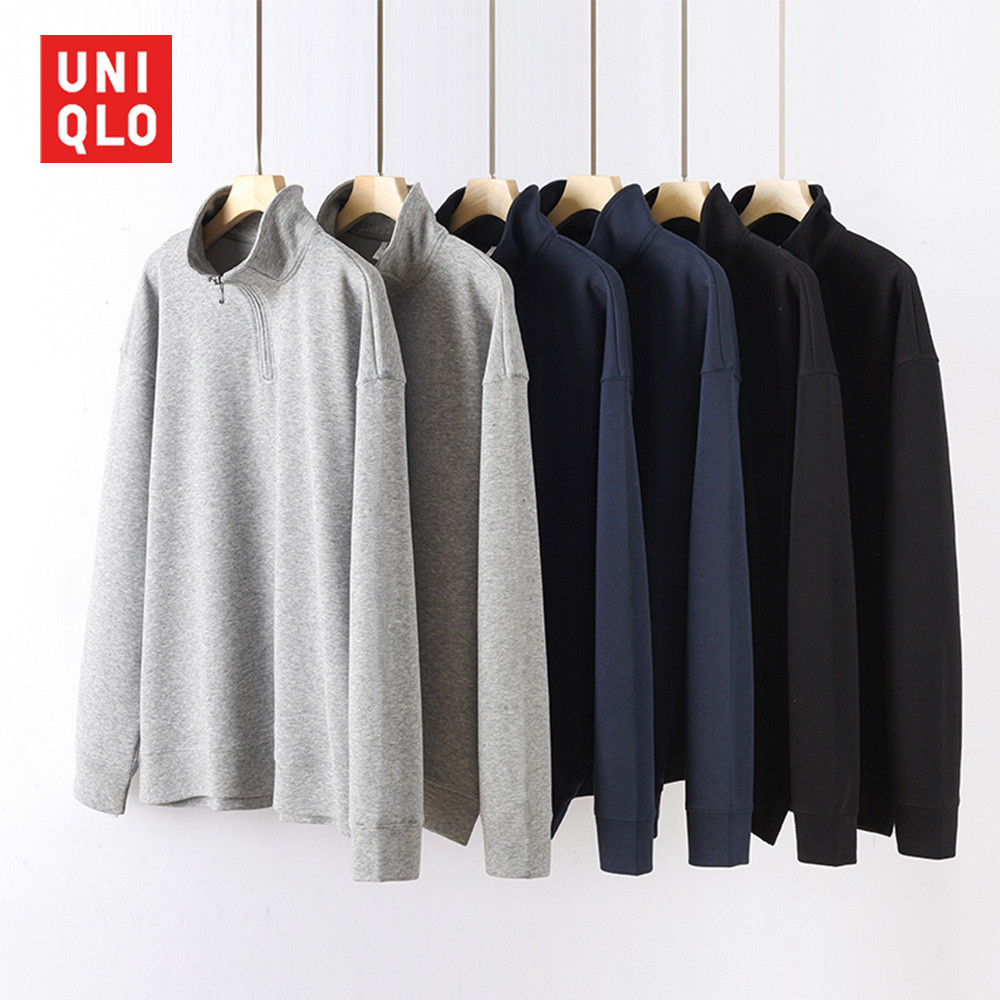 UNIQLO Cặp đôi hạng nặng nửa dây kéo đứng cổ áo áo thun cotton nguyên ...
