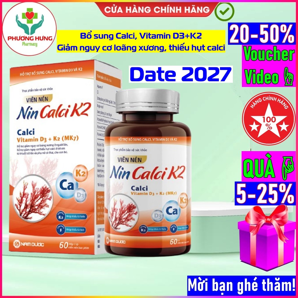 Nin Calci K2 của Nam dược Bổ sung Calci, Vitamin D3K2, giảm nguy cơ loãng xương,thiếu calci-Lọ ...