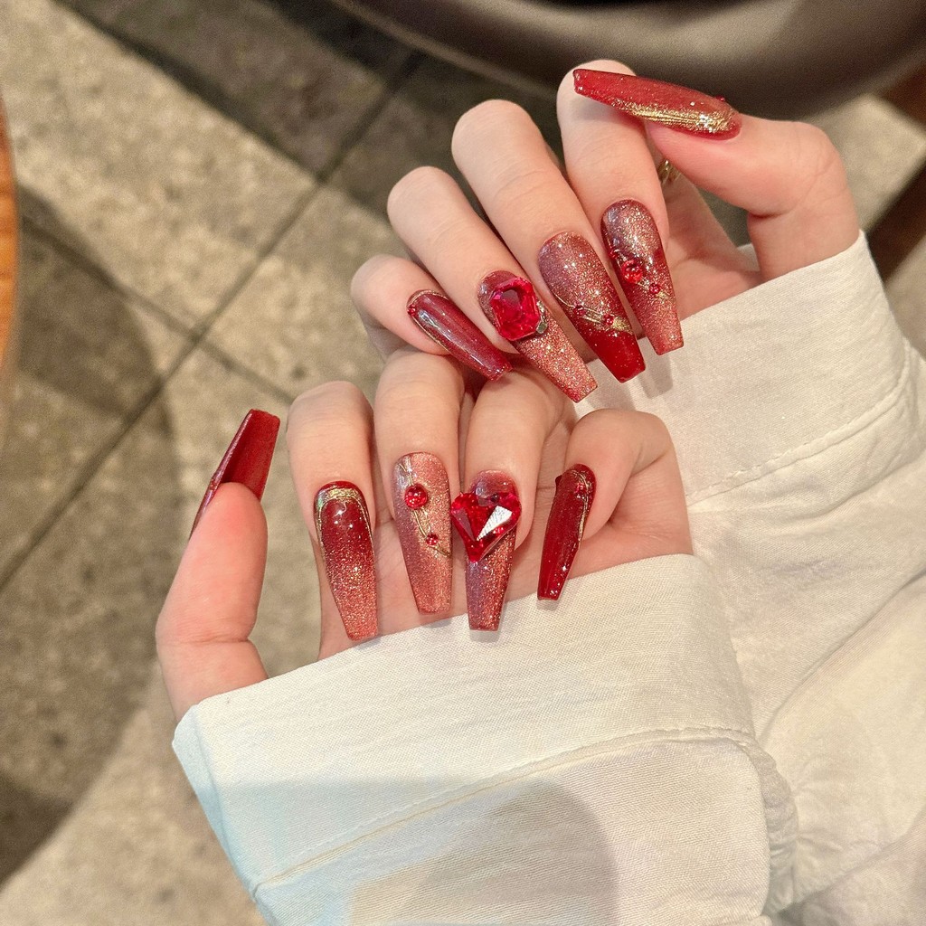 Ruby Cat Eye Handmade Press On Nails Năm Mới Giàu Heiressl Móng Tay Dài Nghệ Thuật Đỏ Halloween ...
