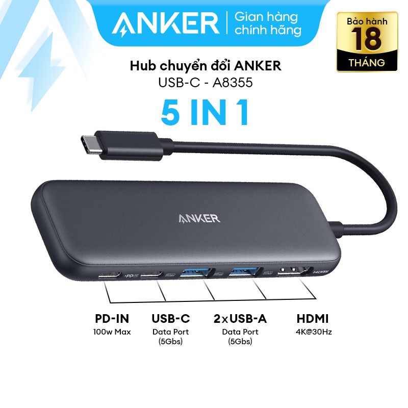 Hub chuyển đổi ANKER 332 USB-C 5in1 | HDMI 4K / USB-C 5 Gbps / 2*USB-A 5 Gbps / sạc PD input ...