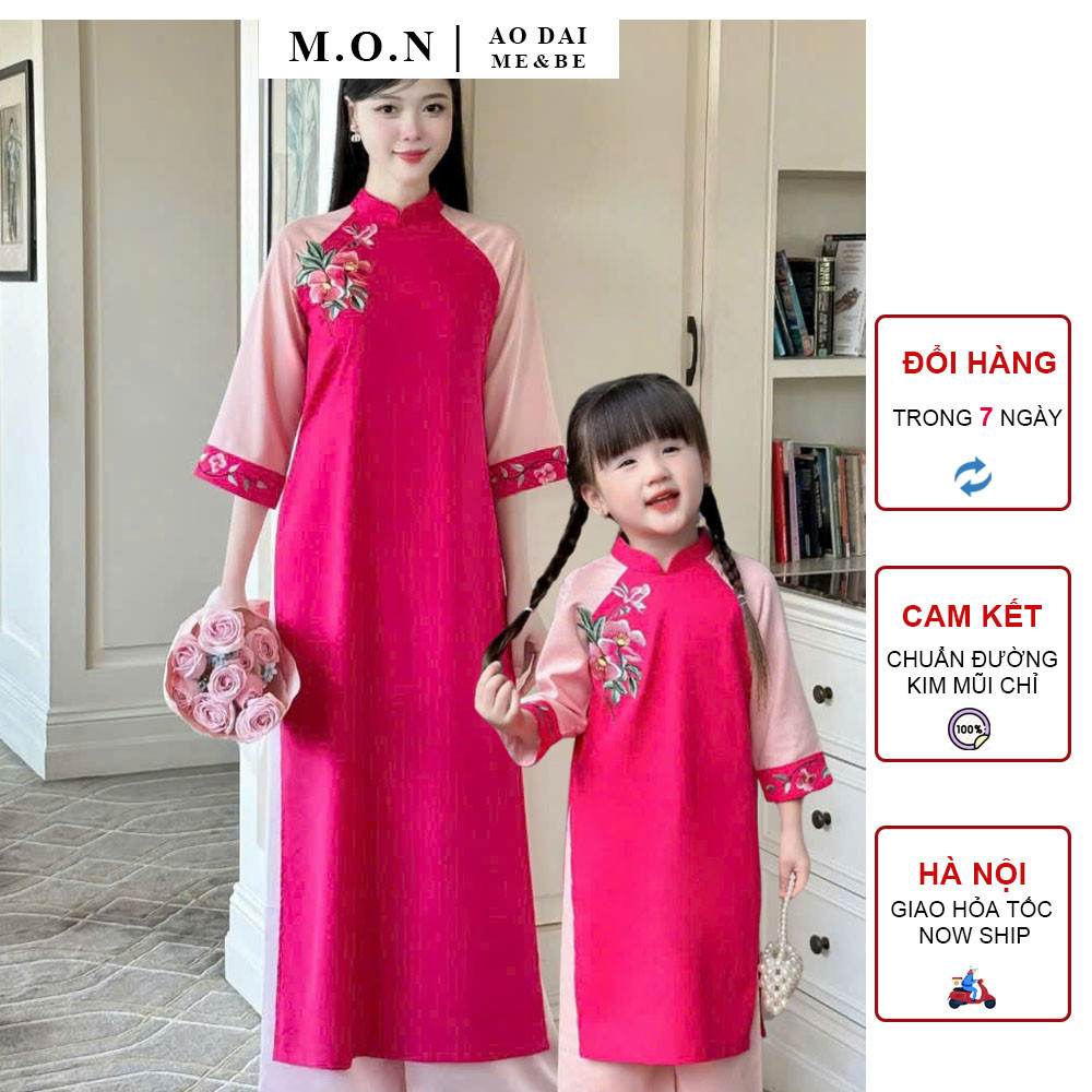 Set Áo Dài Mẹ Bé Chất Liệu Linen Hồng Hy Hồng Sen | Shopee Việt Nam