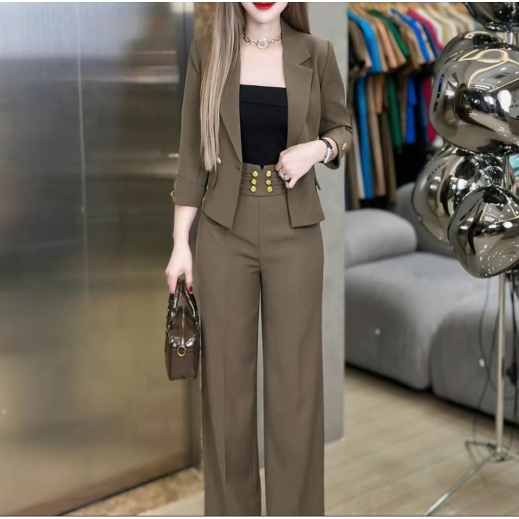 Bộ Vest 2 món hàn quốc khuy 6 khuy hoàng gia tay gập kèm quần suông rộng Cạp Cao dáng dài thu ...