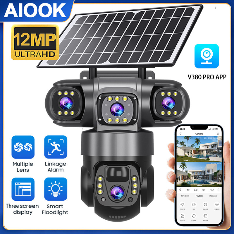 Aiook V380 PRO 4G Camera Năng Lượng Mặt Trời HD 12MP Ba Ống Kính PTZ Camera Ngoài Trời IP Chống ...