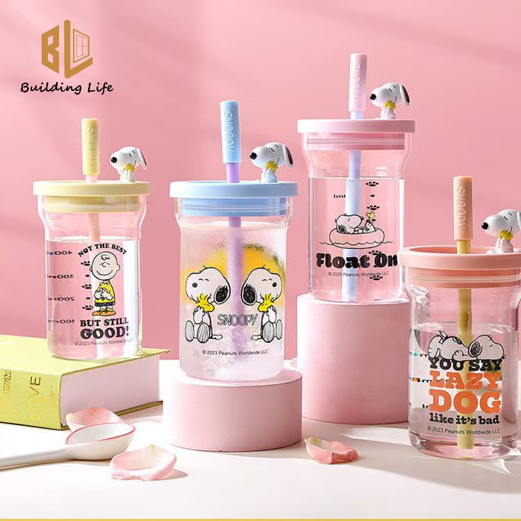 Cốc nước có ống hút Nhãn dán 3D Cốc thủy tinh Snoopy dễ thương có ve Đánh dấu Quà tặng sinh nhật ...