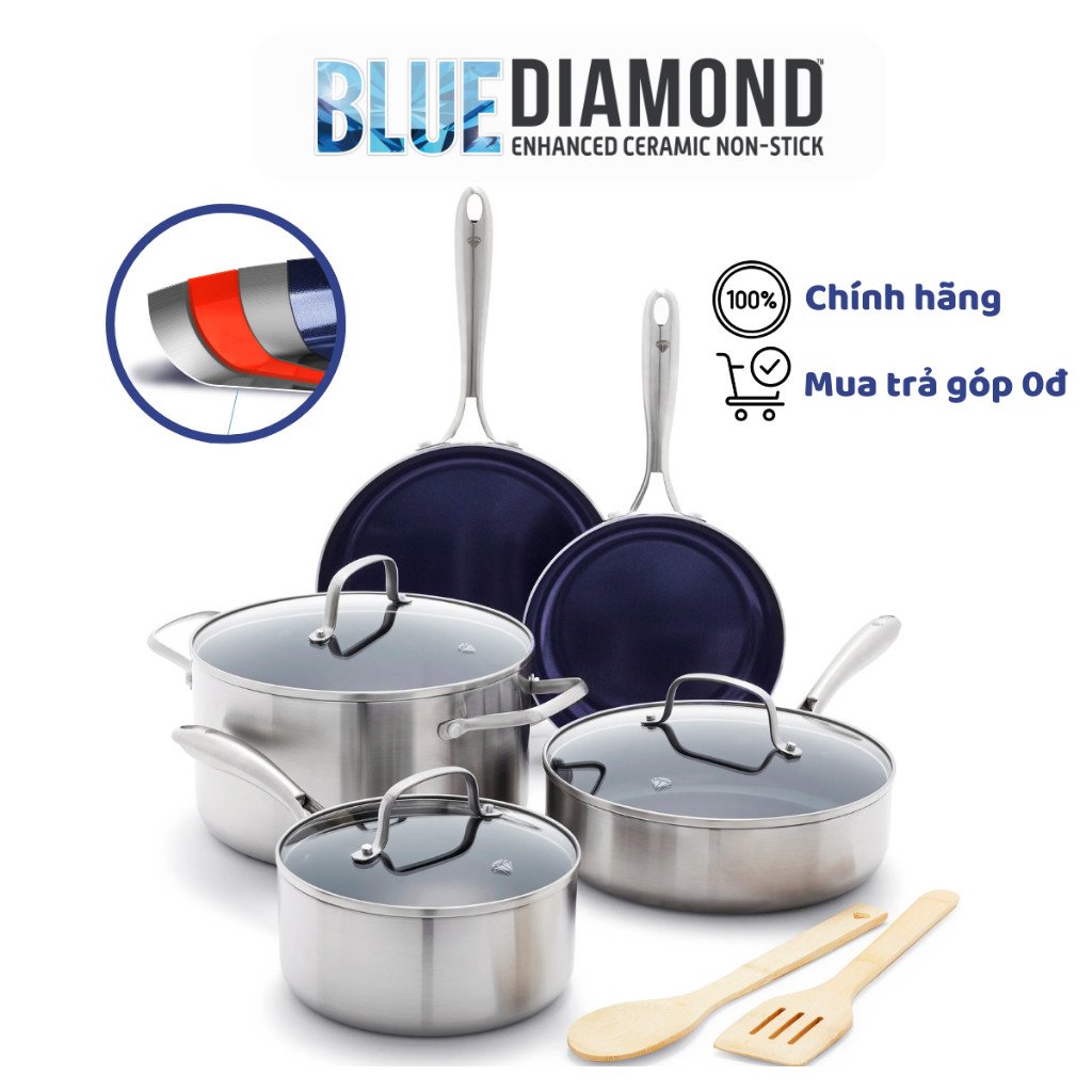 Bộ chảo Blue Diamond chống dính thép không gỉ phủ tinh thể kim cương ...