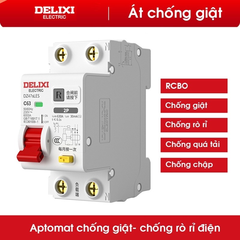 Aptomat CB Chống giật chống rò - chống quá tải RCBO DELIXI DZ47sLES 16A,20A,32A,40A,63A, át ...