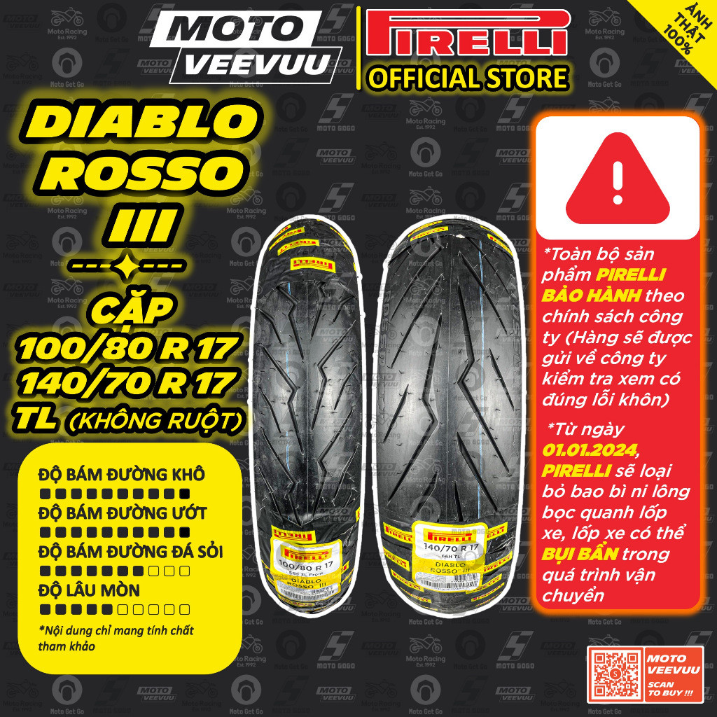 [MTGG] CẶP VỎ LỐP xe máy PIRELLI 100/80-17 & 140/70-17 TL Diablo Rosso 3 YAMAHA R3 TFX CB150R ...