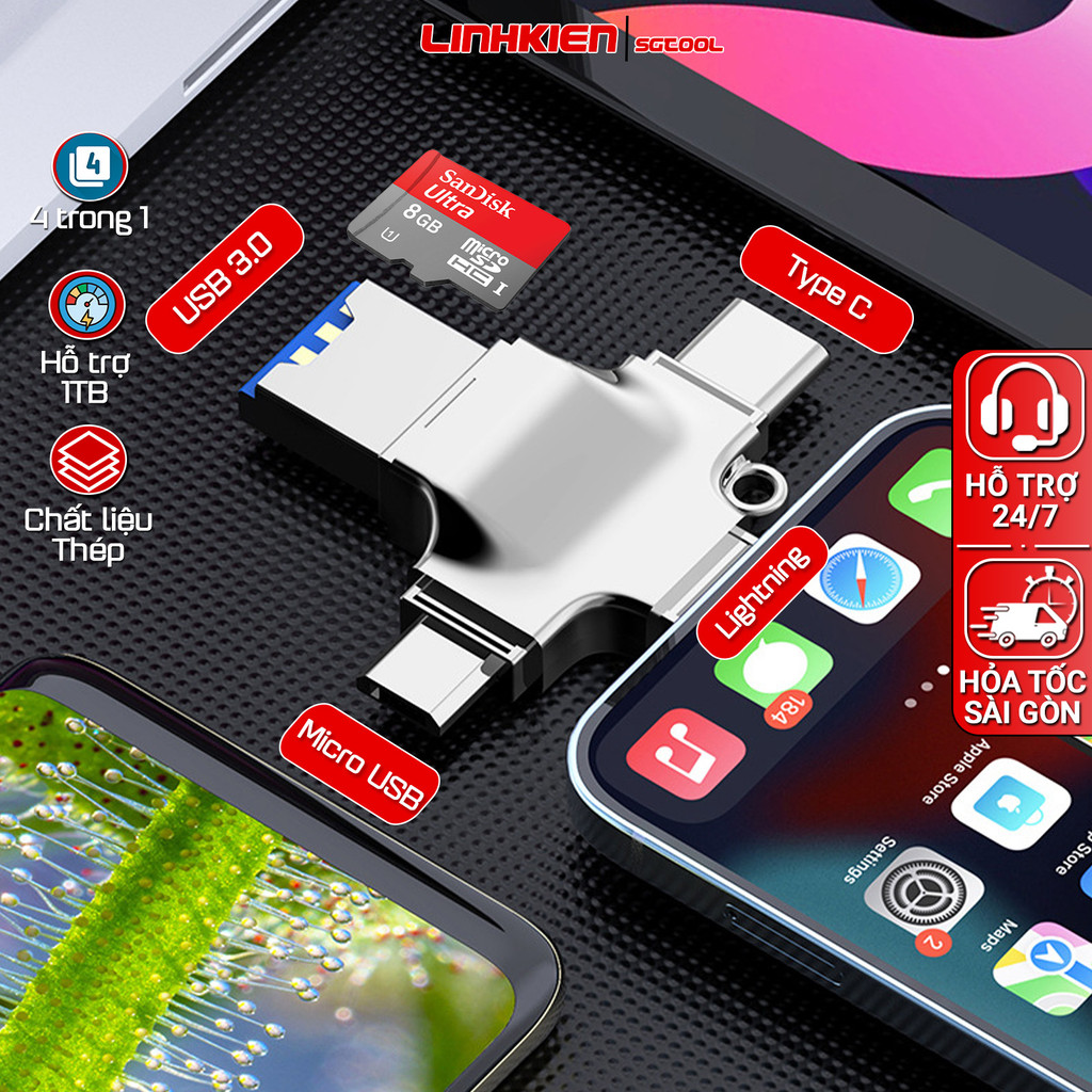 Đầu đọc thẻ nhớ TF Micro SD 4 trong 1 Type C USB 3.0 hỗ trợ kết nối điện thoại Iphone Android ...