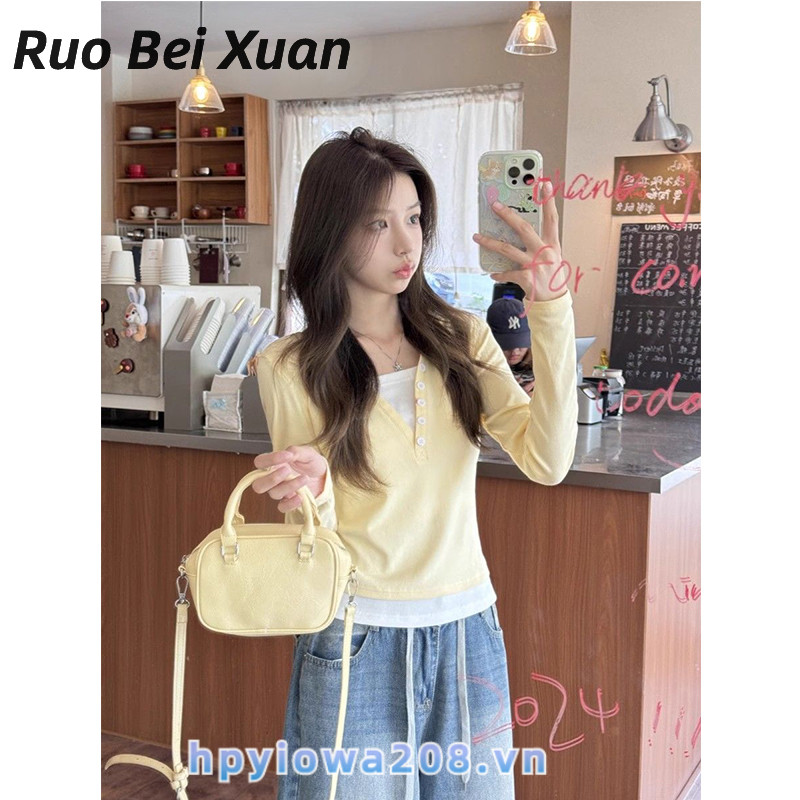 Áo sơ mi nữ Ruo Bei Xuân áo thun dài tay giả giảm tuổi màu vàng nhạt | Shopee Việt Nam