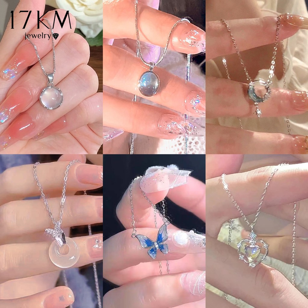 17KM Thanh Lịch Đá Mặt Trăng Zircon Mặt Dây Chuyền Vòng Cổ Bướm Trái Tim Bạc Dây Xích Choker Cho ...