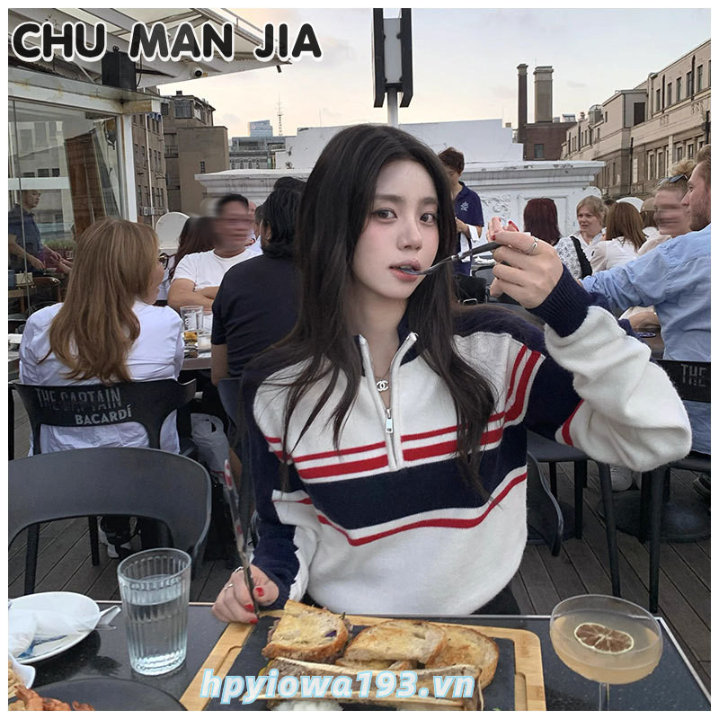Chu MAN JIA Áo sơ mi nữ kiểu Mỹ retro tương phản sọc nửa zipper áo len ...