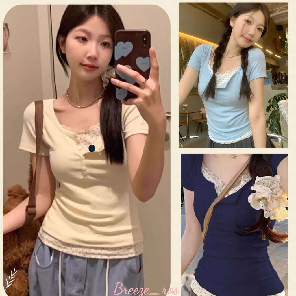Breeze_ros [Giao Hàng Nhanh Từ Hà Nội] Áo Thun Ngắn Tay Hai Lớp Ren Hoa ...