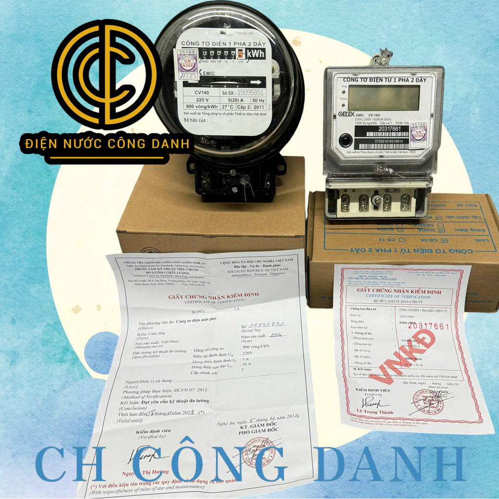 CÔNG TƠ ĐIỆN EMIC GELEX 1PHA 2 DÂY- ĐIỆN TỬ & CƠ- CÓ GIẤY KIỂM ĐỊNH ...