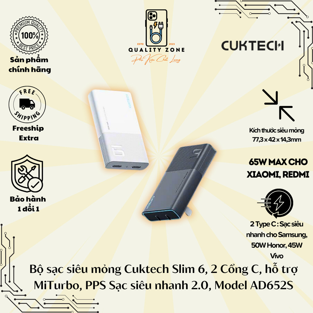 Sạc Cuktech Slim 6 65w 2 Cổng C Ultra Slim PD/PPS2.0/QC4.0+/MiTurbo/50W Honor/45W Vivo|Model ...
