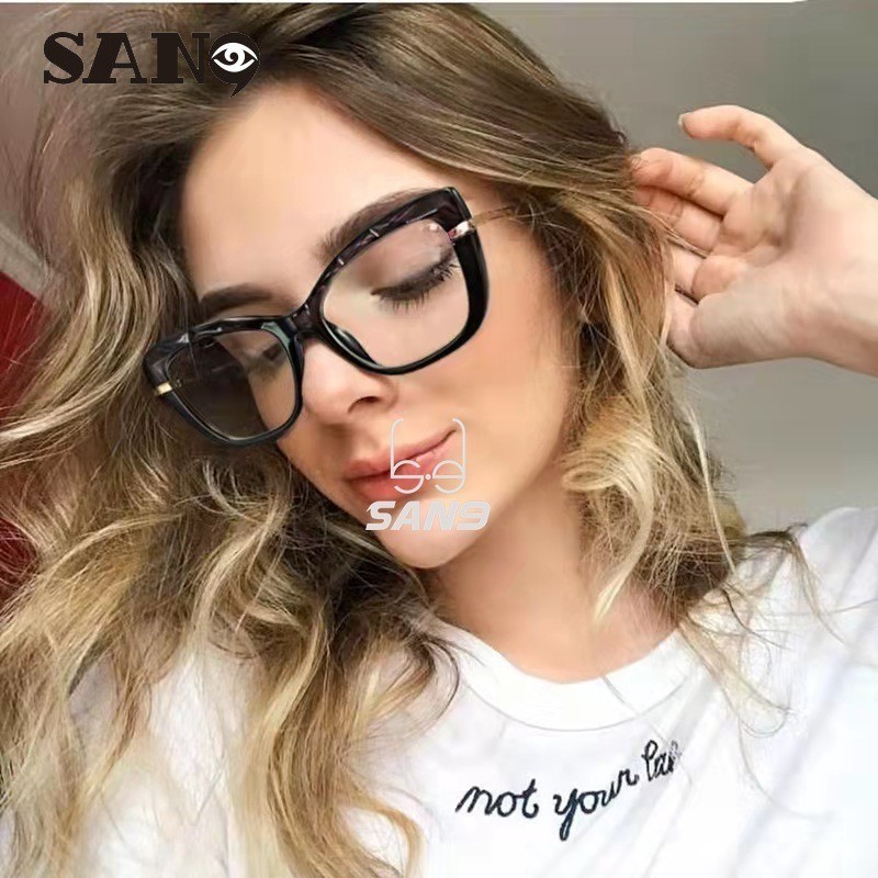 [Ống kính có thể thay thế] COD (San9) TR90 Cat Eye Crystal Cut Spring Leg Kính mắt chống ánh ...