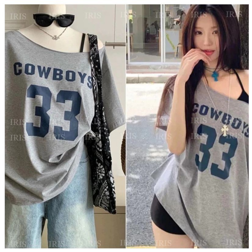 Áo Thun Nữ Hở Vai Ngắn Tay In Số 33 Màu Xám, Áo Phông Trễ Vai Cotton ...