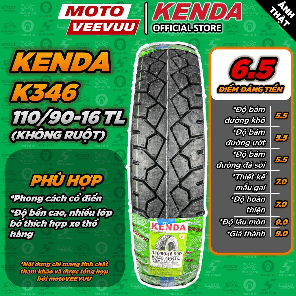 [MTVV] Vỏ lốp xe máy KENDA 110/90-16 TL K346 GN125, GN125-2F không ruột ...