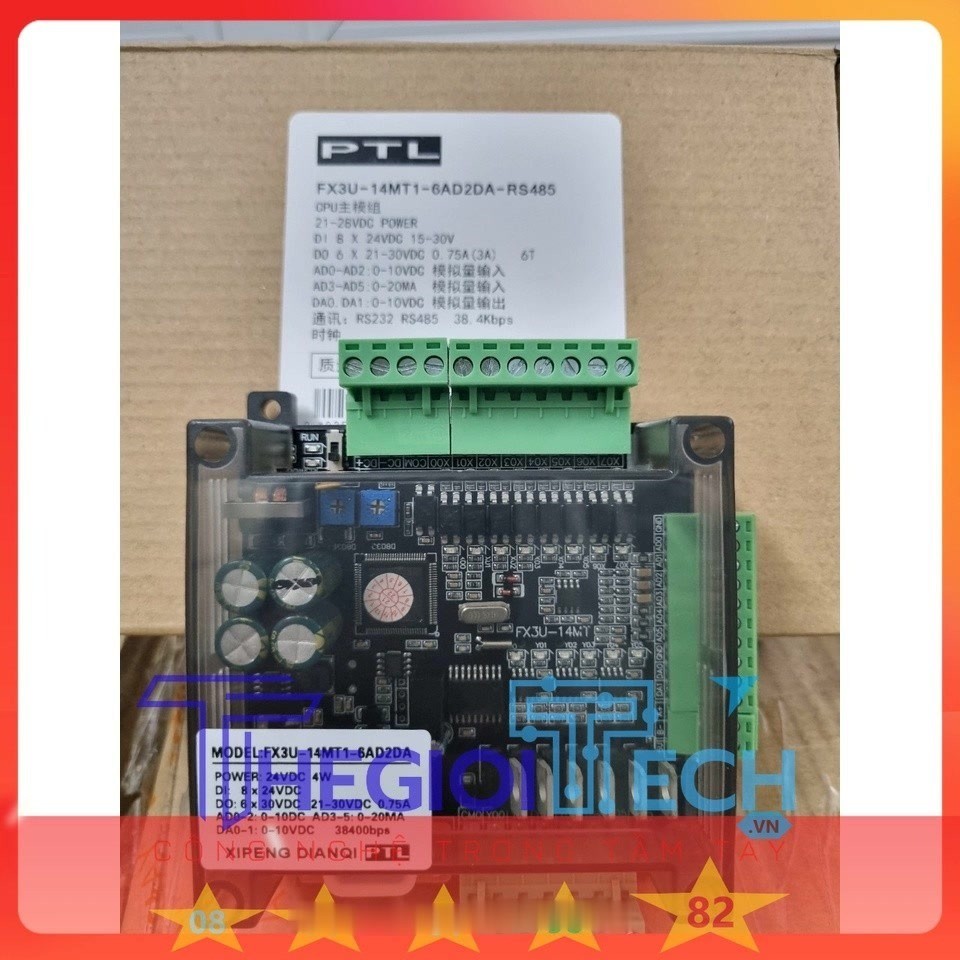 Bộ lập trình PLC FX3U-14MT-6AD2DA , FX3U 14MR Board, 6AD/2DA 0-10V 0-20mA, RS485 RS232 RTC PTL ...