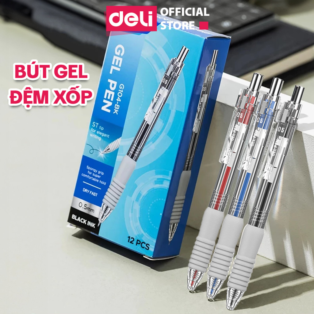 [HỎA TỐC] Bút Gel Đệm Xốp Deli Ngòi ST 0.5mm Bi Nước Mực Xanh/Đen/Đỏ Viết Trơn Cho Học Sinh Sinh ...