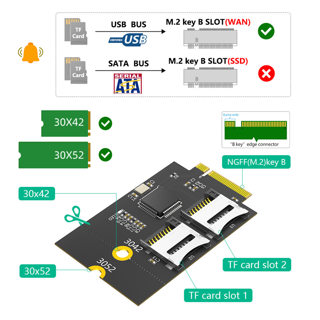 Thẻ nhớ Micro SD kép Thẻ TF cho NGFF M.2 Key B 3042 / 3052 Bộ chuyển ...