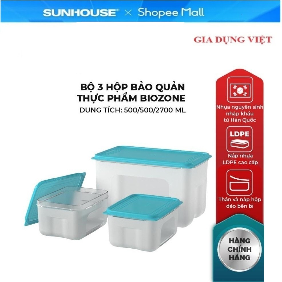 Bộ 3 Hộp Bảo Quản Thực Phẩm BIOZONE SUNHOUSE KB-ST3P01 2700 ml 500 ml | Shopee Việt Nam