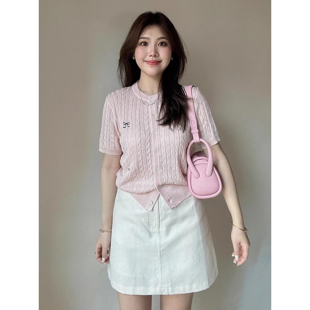 Áo thun ngắn tay thêu hồng Balamy cho phụ nữ, mùa hè, áo cardigan dệt kim cao cấp, áo ngắn lụa ...