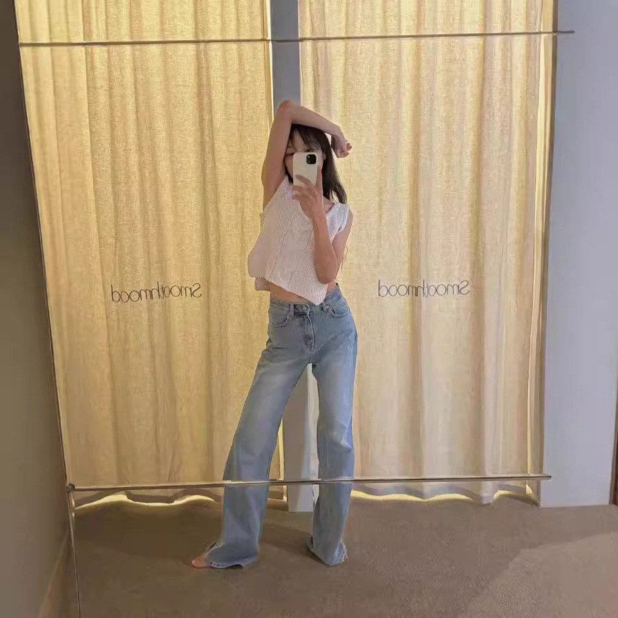 [Sr-studio] Smoothmood Hàng có sẵn Real Shot 2024 Phong cách mới dáng rộng eo cao Quần jean rửa ...