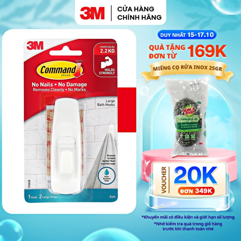 Móc dán tường chống thấm nước 3M™ Command™, 17003B, bám cực chắc, chịu lực 2.2kg, vỉ 1 cái, Dùng ...