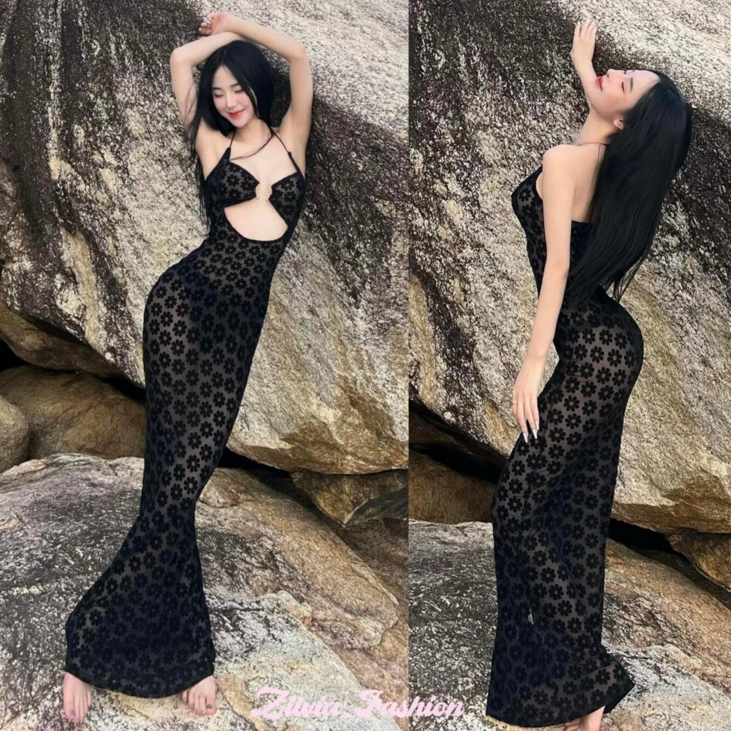Zilvia_Fashion Dây Lưới Chắp Và Nhìn Xuyên Qua Đầm Maxi Nữ Gợi Cảm Váy Bodycon Dây Dài V095 ...