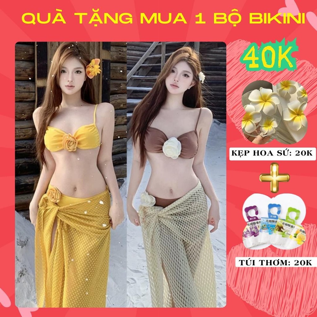 [QCCC CÓ MÚT] Bộ đồ bơi set bikini 2 mảnh áo đính hoa có mút hở lưng kèm quần tam giác và khăn ...