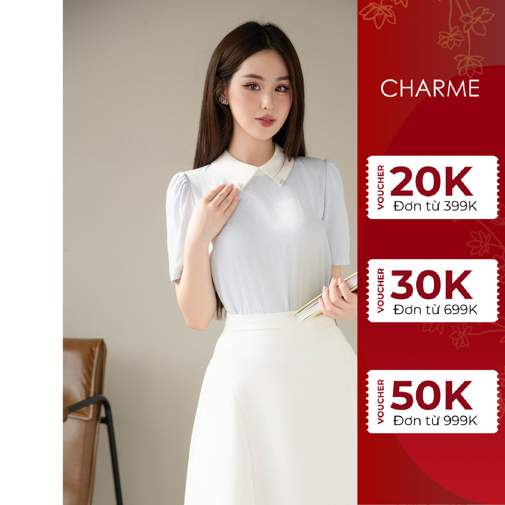 Áo sơ mi cộc tay kẻ xanh cổ Đức đính đá Charme 406002 | Shopee Việt Nam