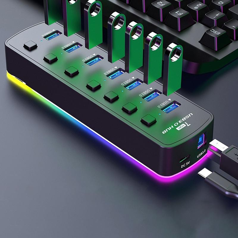 Panpia RGB USB 3.0 Hub 7 Cổng Cổng Dữ Liệu Bộ Chuyển Đổi 5Gbps Tốc Độ Cao Cá Nhân Bật / Tắt Công ...