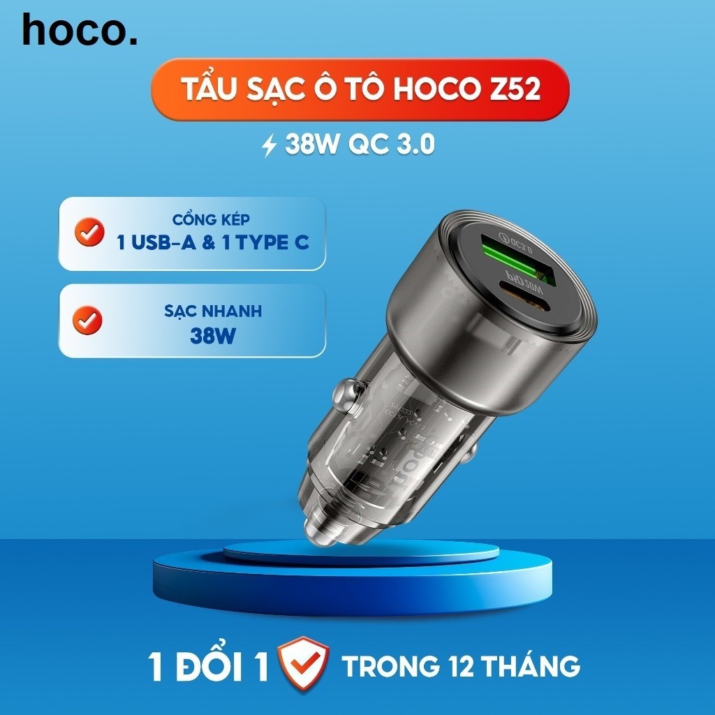 Tẩu sạc ô tô Hoco Z52 38W - Sạc nhanh QC 3.0 & PD 20W - 2 Cổng USB & Type C Và Cáp sạc 3 Trong 1 ...