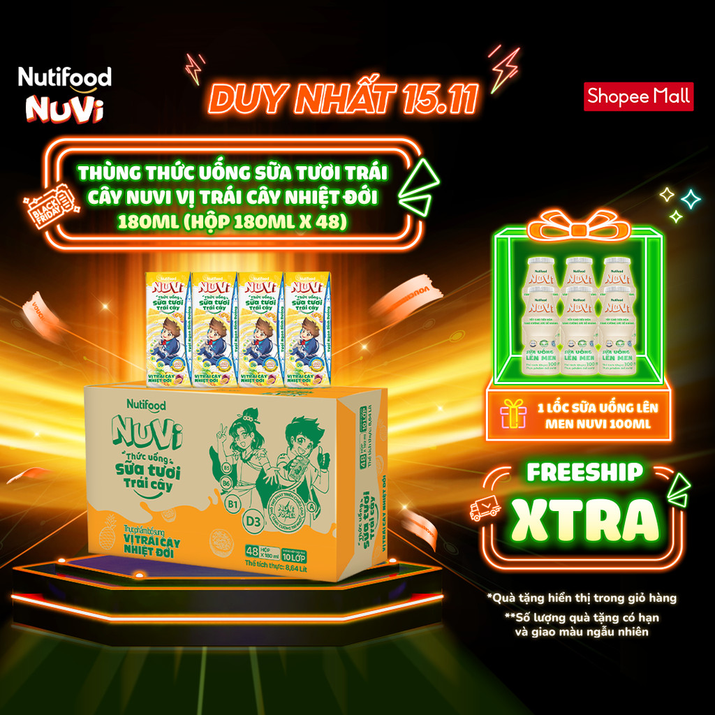 NuVi Thùng Thức Uống Sữa Tươi Trái Cây Vị Trái Cây Nhiệt Đới 180ml (Hộp ...