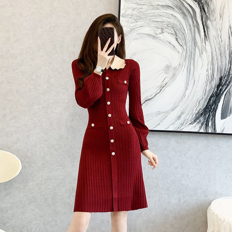 Pháp Retro Tea Break Váy Ve Áo Dài Tay Dệt Kim Đầm Bloomer Tay Áo Len ...