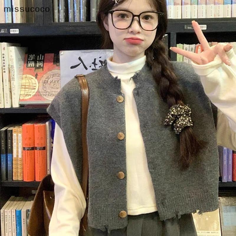 [Missu] Áo Vest dệt kim dáng rộng không tay cổ tròn kiểu Pháp dành cho ...