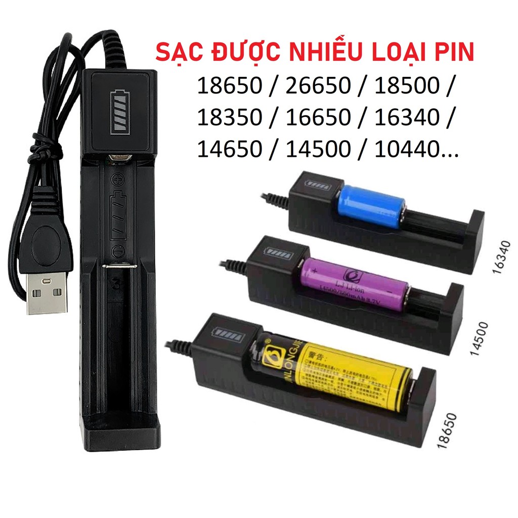 Máy sạc pin Đa Năng cell pin 18650 26650 14500... chuôi cắm USB, Đế sạc ...
