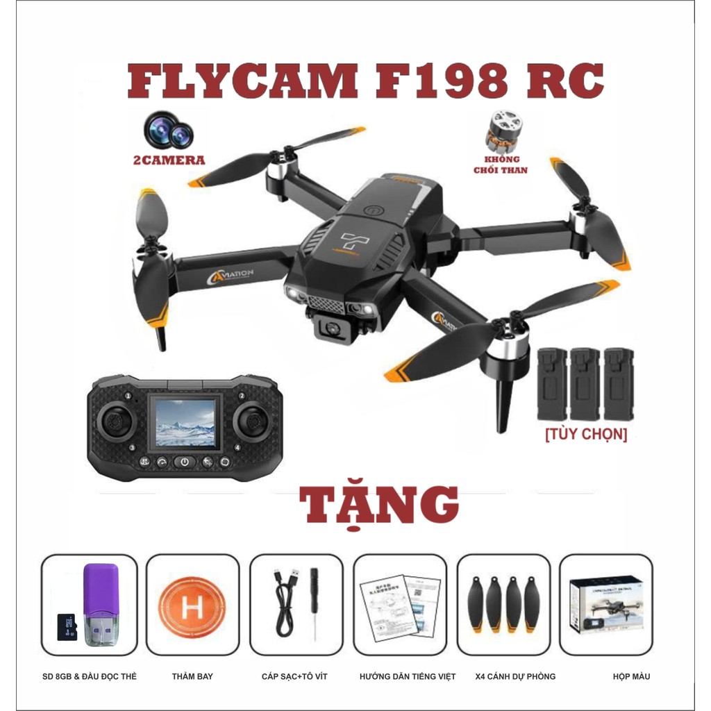 FLYCAM F198 RC. ĐỘNG CƠ KHÔNG CHỔI THAN+2 CAMERA+ĐỊNH VỊ QUANG HỌC+ĐIỀU ...