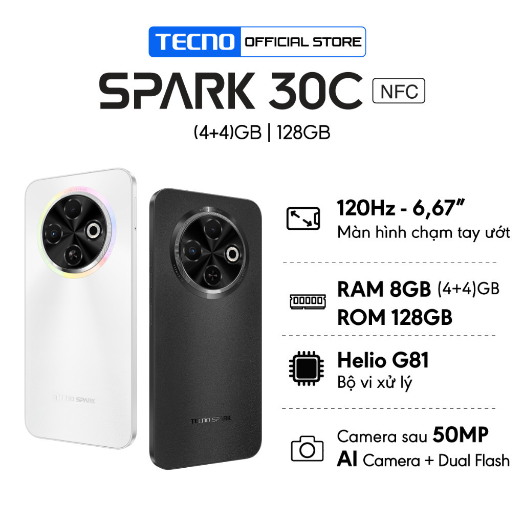 Điện thoại Tecno Spark 30C (4+4)GB/128GB - Helio G81 | 5000 mAh | Sạc ...