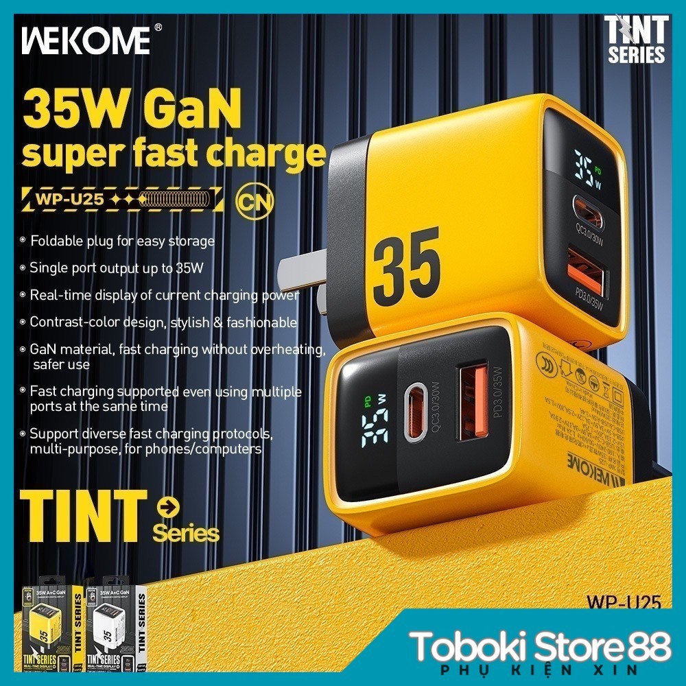Bộ sạc nhanh SIÊU CAO CẤP WEKOME 35W WP-U25 (2 Cổngs)ss GaN,hỗ trợ PD/QC/PPS/FCP/SCP Bh 12 Tháng ...