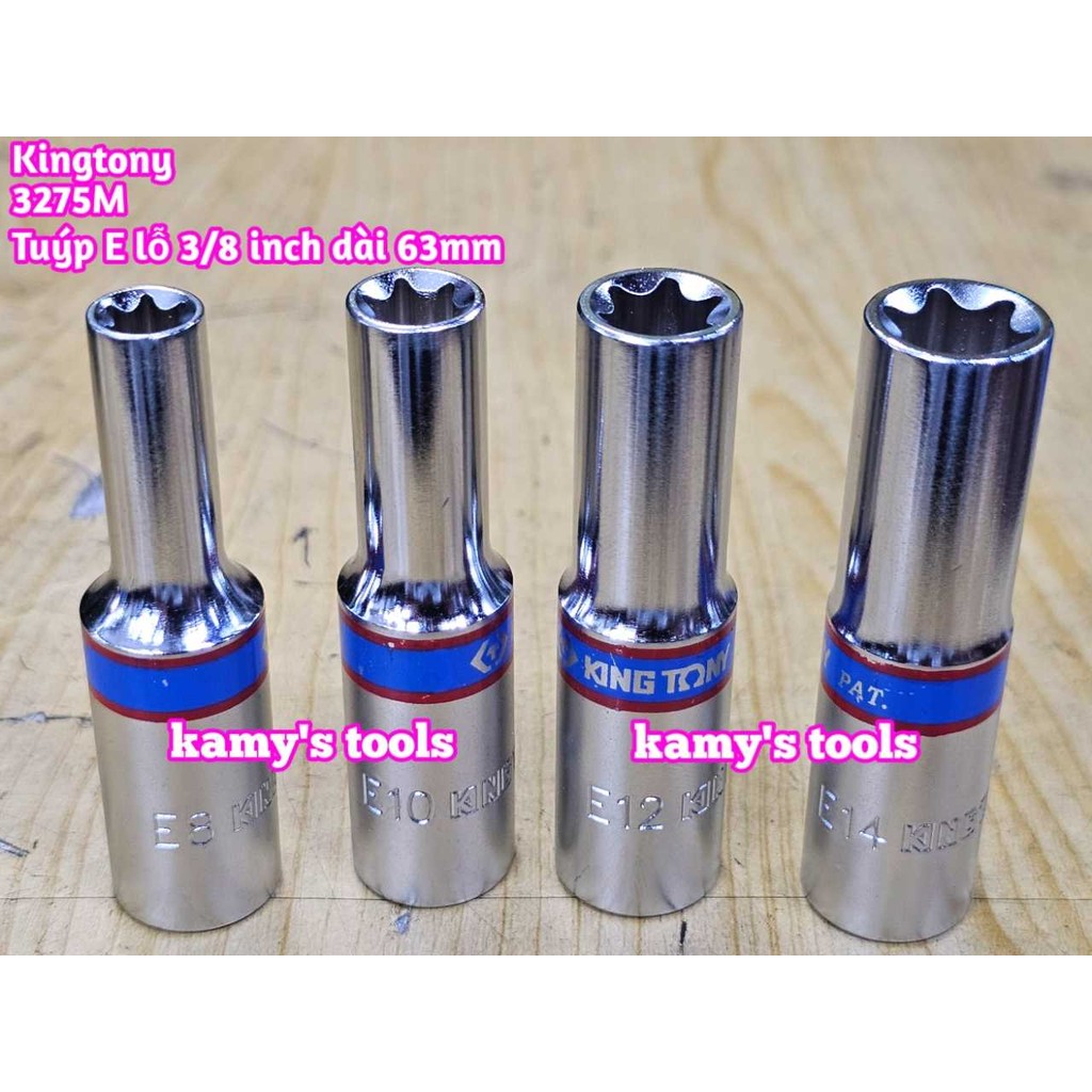 Đầu tuýp đầu khẩu E 3/8 inch dài 63mm Kingtony E8 E10 E12 E14 model 327508M 327510M 327512M ...