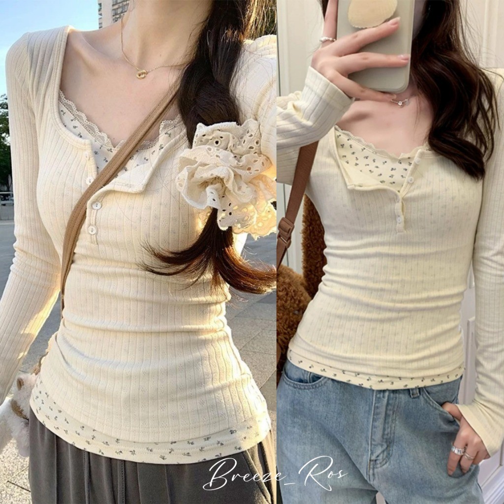 Breeze_Ros Áo Thun Nữ Dài Tay Phong Cách Hàn Quốc Áo Trễ Vai Cổ Tròn ...